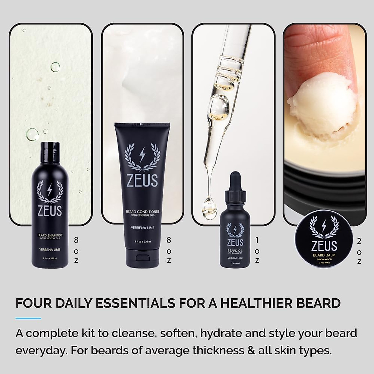 ZEUS Everyday Beard Kit with Tin Gift Box – Beard Wash Shampoo & Conditioner, Natural Beard Oil, Beard Balm & Tin Box (Vanilla Rum)