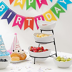HBlife 3 Tier Oval Bowl Set with Metal Rack, Ceramic Fruit Bowl Serving, Tiered Serving Stand for Dessert Appetizer Cake Candy Chip Dip (Black)