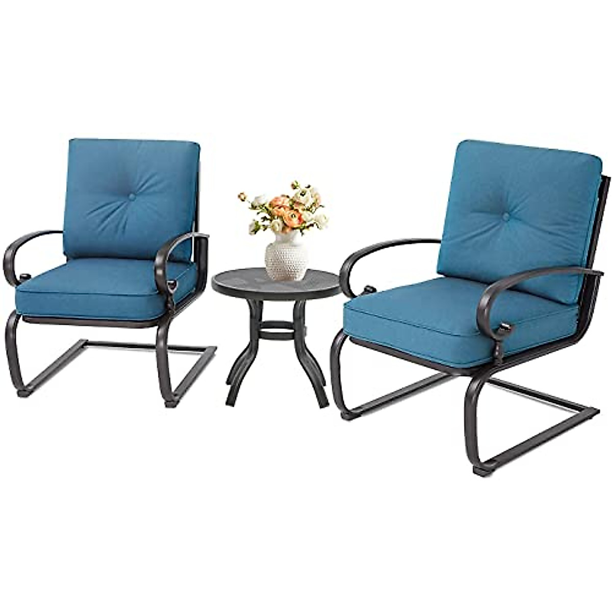 Oakmont Outdoor Bistro Set 3-Piece Spring Metal Lounge Cushioned Chairs and Bistro Table Set Wrought Iron Cafe Furniture Seat,Peacock Blue