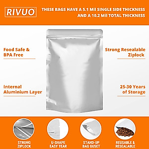 RIVUO 100 Mylar Bags For Food Storage With Oxygen Absorbers 300cc and Labels - 10.2 Mil Total/5.1 Mil Single Side Thickness - 10"x14", 6"x9", 4"x6"- 100 Oxygen Absorbers 300cc (10 Packs of 10)