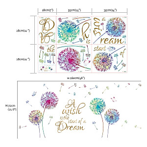Runtoo Colorful Dandelion Wall Decal Inspirational Quotes Gold Wall Art Stickers Living Room Bedroom Baby Nursery Wall Décor