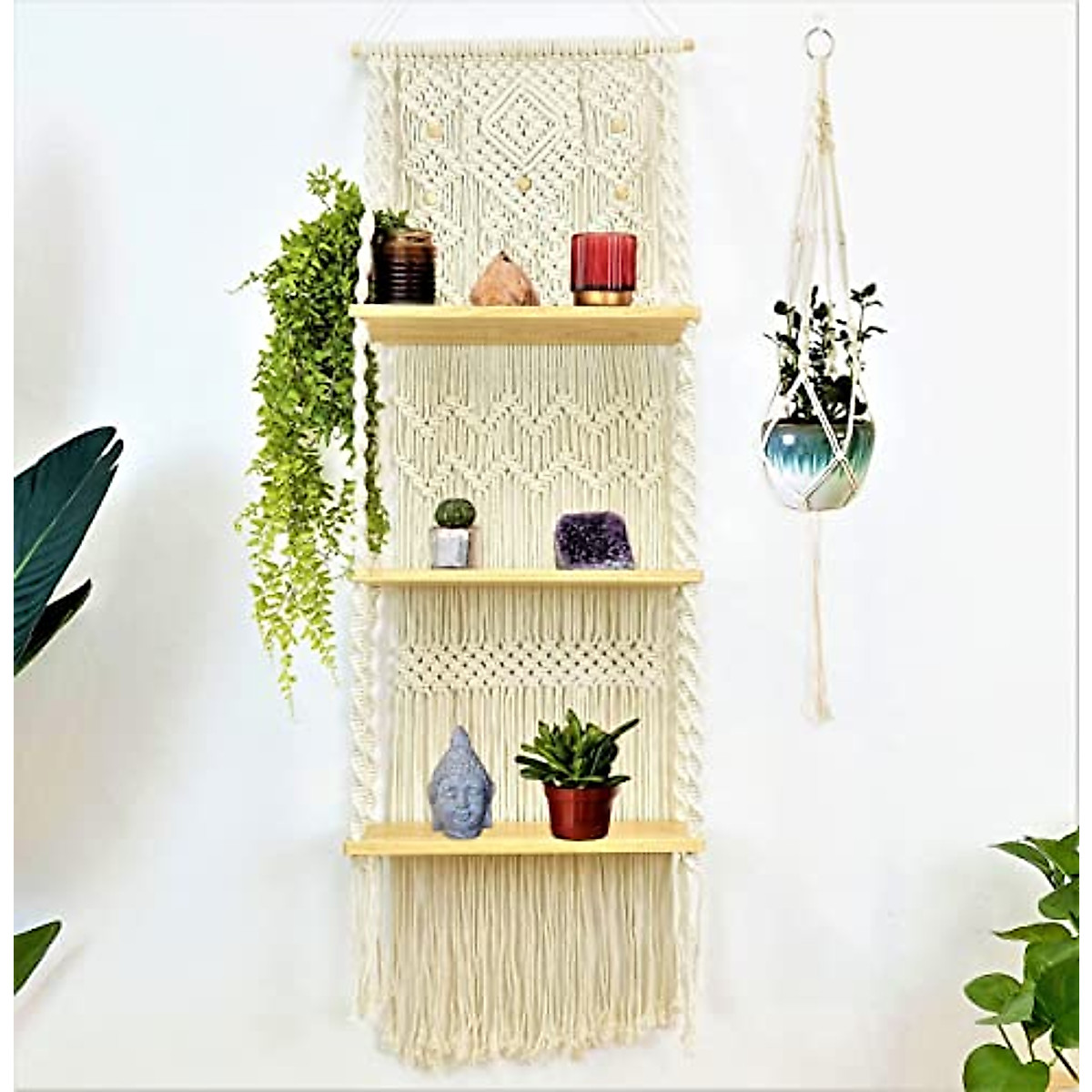 Macrame Wall Hanging Shelf-ideal décor-plants storage bookshelf-Bohemian Decorative Shelves-Boho Floating Indoor Shelving–For bedroom kitchen bathroom room with window Plant hanger 3 Tier Diamond
