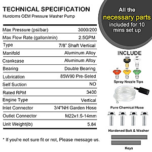 Hurotoms 7/8" Shaft Vertical Pressure Washer Pump-3000 PSI @ 2.5 GPM-Universal Pump for Most Brands of Gas Engine Power Washer Machine