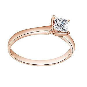 14K Solid Rose Gold Princess Shape (0.25 Cttw) White Natural Diamond Solitaire Engagement Wedding Ring, Size-10.5