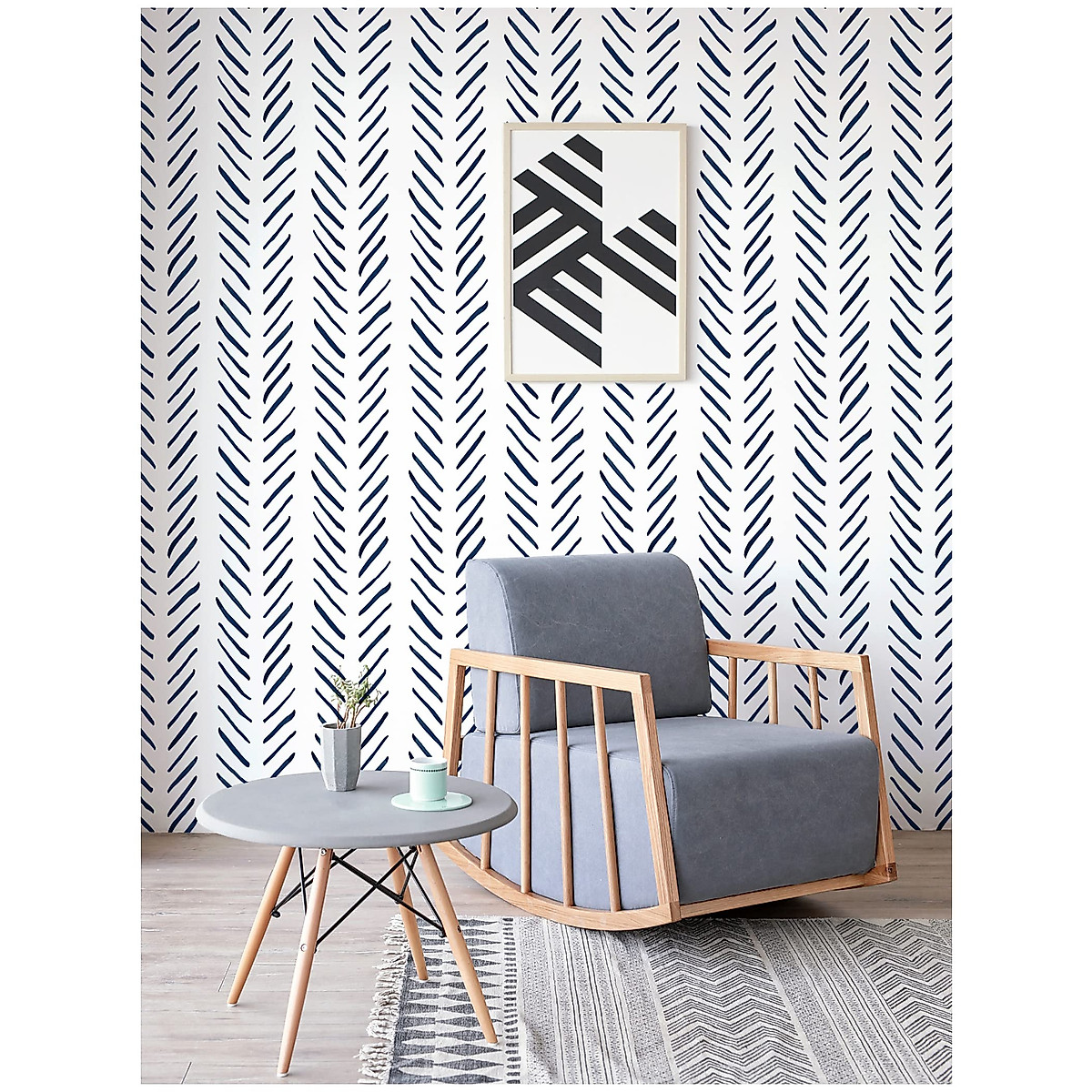 HAOKHOME Boho Peel and Stick Wallpaper Stripe Removable Navy/White Chevron Vinyl Contact Paper Mural for Home Decor 17.7in x 9.8ft
