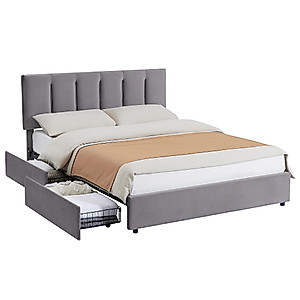 VECELO Queen Upholstered Bed Frame with 4 Storage Drawers and Adjustable Velvet Headboard, Heavy-Duty Platform bedframe, No Box Spring Needed, Grey