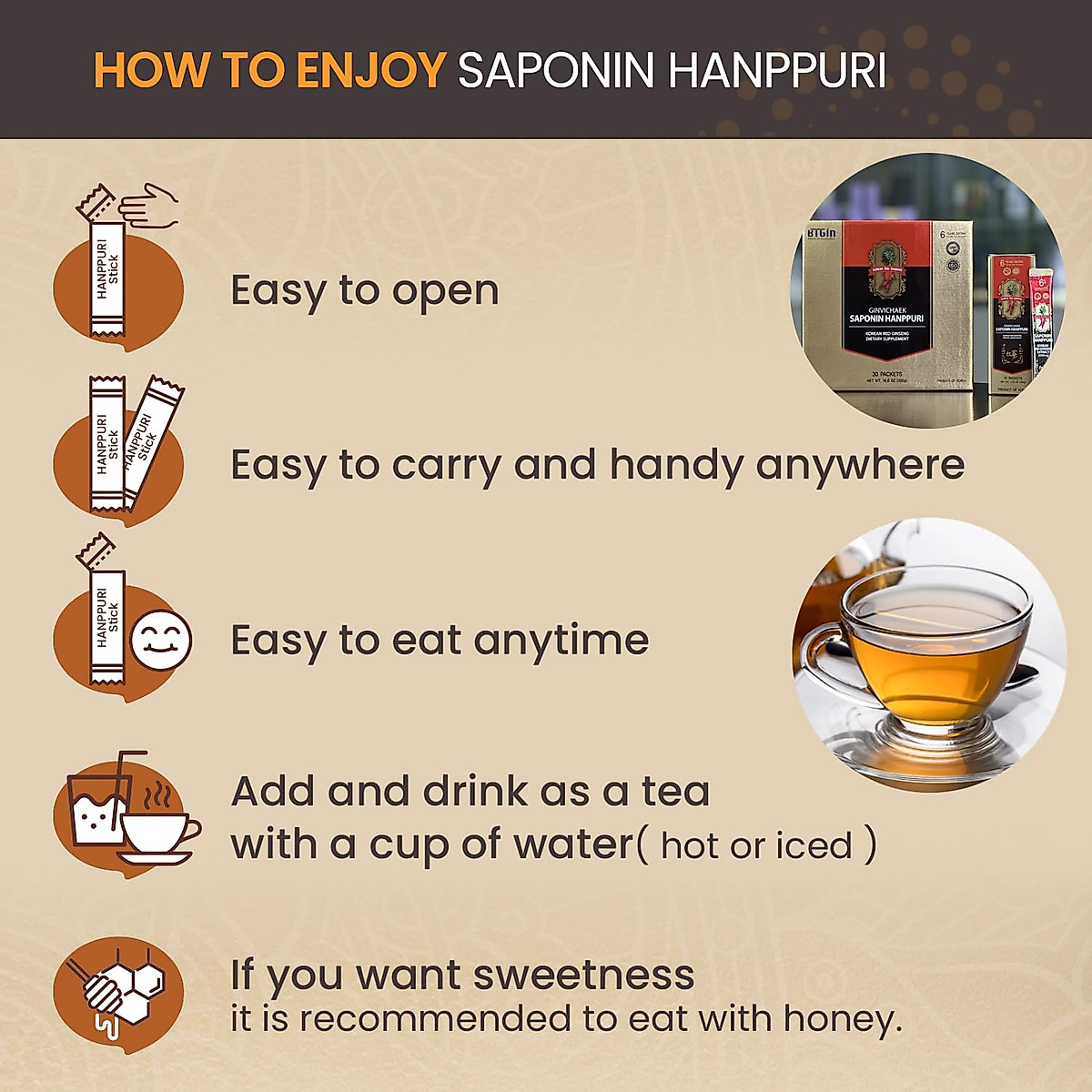 BTGIN Korean Red Ginseng Extract 3000mg Everyday, Saponin Hanppuri, Immune Booster and Focus Supplement for Brain Enhancement with Ginsenoside Rg3, Panax Ginseng 6 Years Root, 30Packets in 1 Set