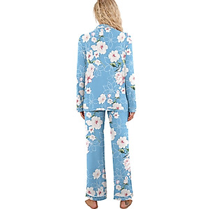 PrinStory Women's Pajamas Set Long Sleeve Sleepwear Casual Loungewear Soft Button Down Pjs Set with Pockets FP-Light Blue-Large