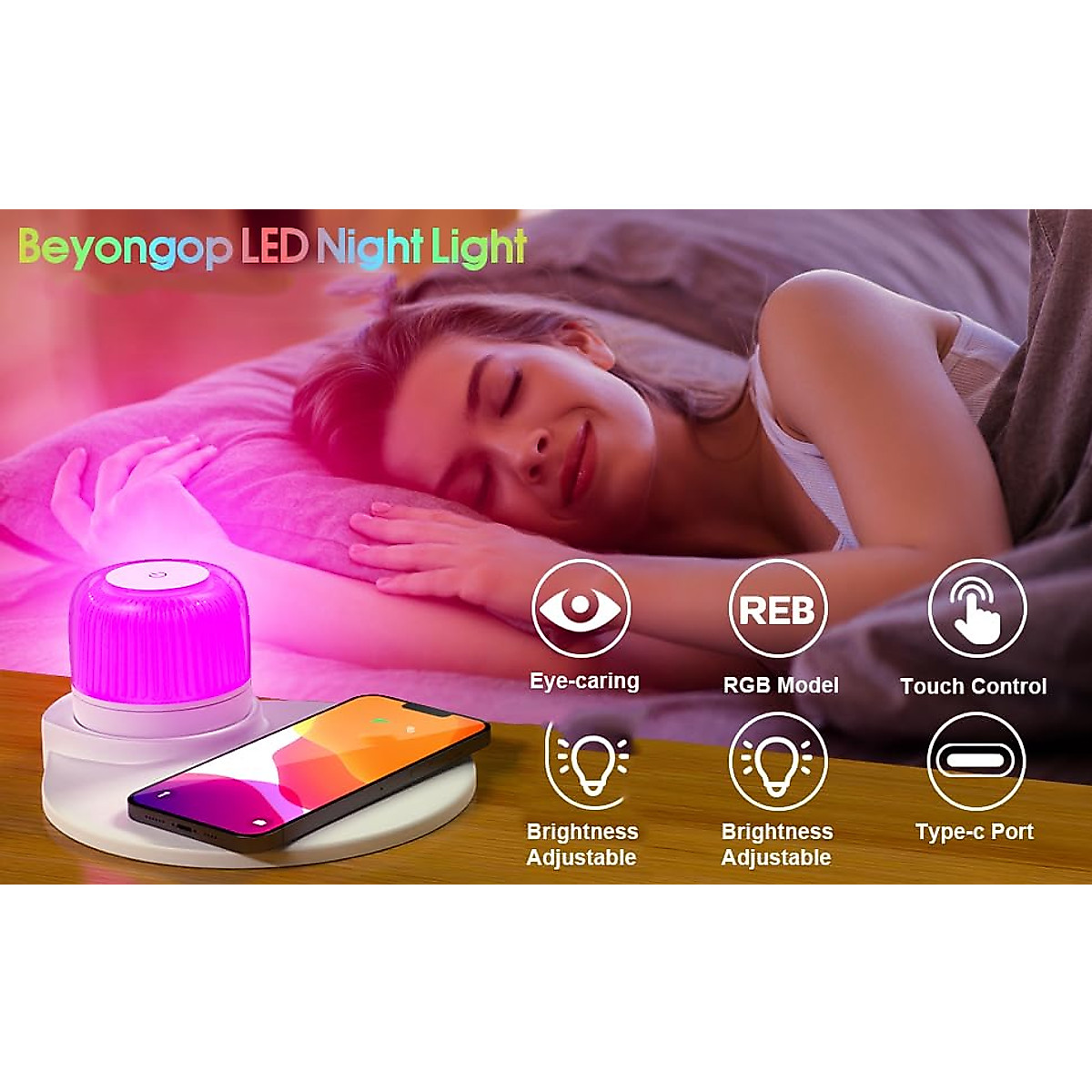 BEYONDOP Night Light, Touch Bedside Table Lamp for Bedrooms, Rechargeable Dimmable Small LED Lamp with RGB Lights, Smart Nightstand Lamp for Living Room Home Gifts