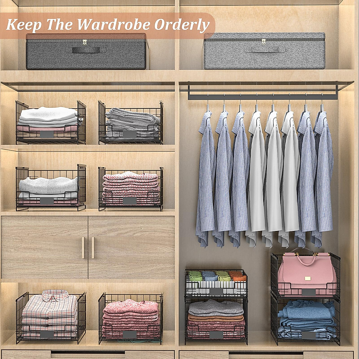 4 Pack Sliding Closet Organizers and Storage, Stackable Closet Storage Shelves, Pull Out Clothes Storage Organizer Baskets/Containers/Drawers with Dividers for Wardrobe (Black-Sturdy Wire Metal Frame)