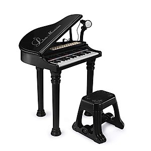 Kids Piano Keyboard Toys 31 Keys,Grand Piano for Beginners,3 4 5 6 Years Old Toddler Girl Boy Gift,Educational Musical Instrument,w/Microphone,Stool,Piano Lid,Lights,Note Stickers,Enamel Finish- Black