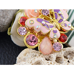 Alilang Golden Tone Shine Pink Crystal Rhinestones Enamel Butterfly Insect Flower Fashion Ring