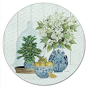 CounterArt Blue & White Pottery 4mm Heat Tolerant Tempered Glass Lazy Susan Turntable 13" Diameter Cake Plate Condiment Caddy Pizza Server