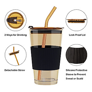 Faynore 16oz Glass Tumbler Colored Glass Cups with Lids and Straws, Drinking Glasses for Juice Beverages Iced Coffee Tea Smoothie Soda Milk (Amber)