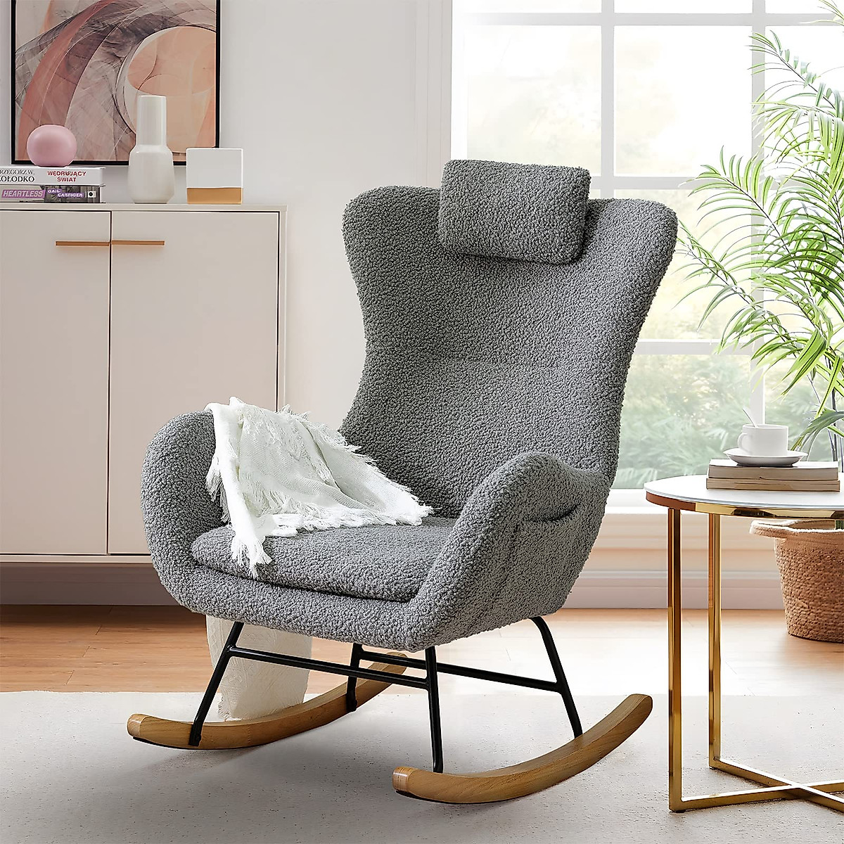 KINFFICT Accent Rocking Chair, Tufted Upholstered Glider Rocker for Nursery, Comfy Armchair with Side Pockets, Modern Lounge Arm Chair for Living Room, Bedroom (Upgraded Teddy Gray)