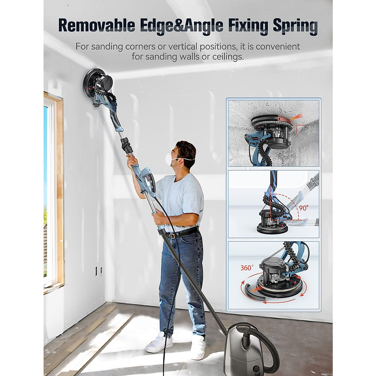 Handife Drywall Sander 800W 7A Drywall Sander with Vacuum Auto Dust Collection, Variable Speed 800-1800RPM Drywall Power Sander with Double-Deck LED Lights, Extendable Handle, Carrying Bag