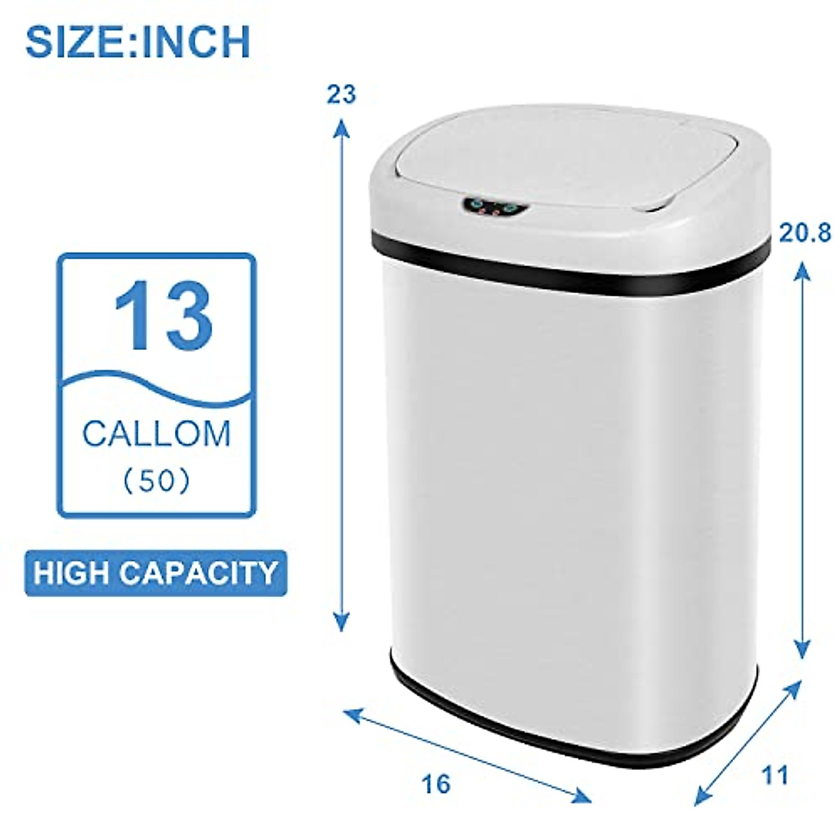 13 Gallon 50 Liter kitchen Trash Can with Touch-Free & Motion Sensor, Automatic Stainless-Steel Garbage Can, Anti-fingerprint Mute Designed Trash Bin Touchless Trash Can for Office Bedroom, White
