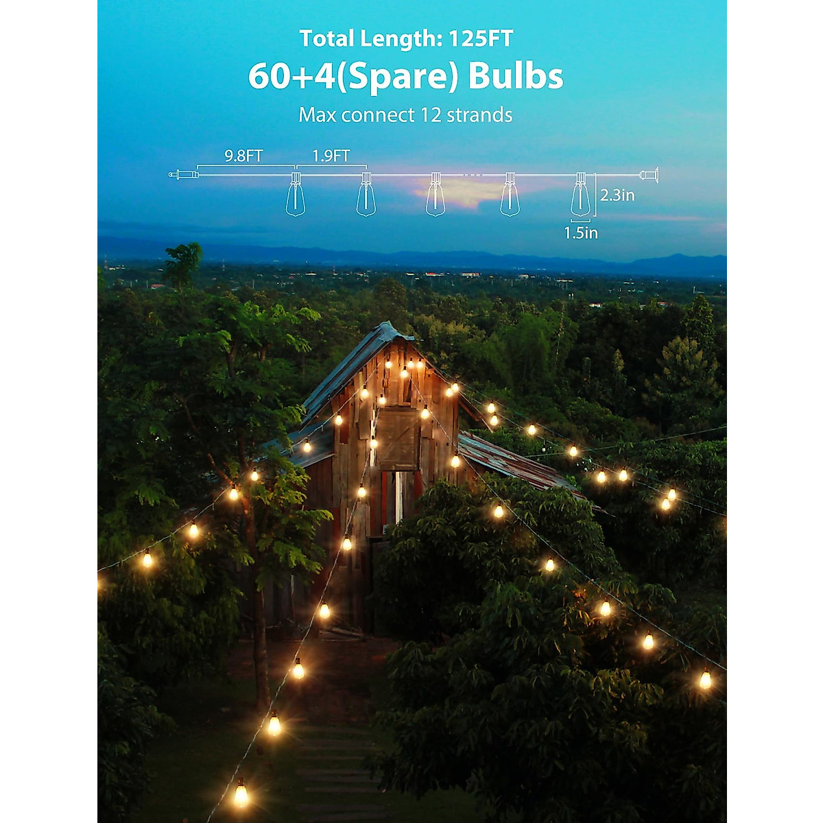 Sweepulire LED Outdoor String Lights, 125FT Patio Lights with 60+4 Shatterproof Bulbs, 2200K Warm White LED Lights Waterproof, Decorative Outdoor Lights for Porch, Deck, Garden, Backyard, Balcony