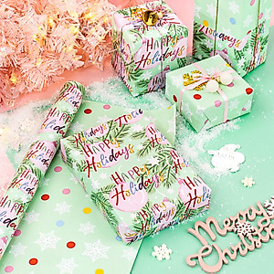 WRAPAHOLIC Reversible Christmas Wrapping Paper - Mini Roll - 17 Inch X 33 Feet - Happy Holiday Lettering with Christmas Ball Design for Chrsitmas, Holiday, Party Celebration