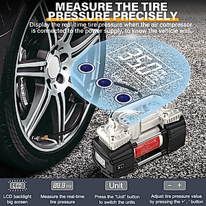 GSPSCN Portable Digital Car Tire Inflator with Gauge 150Psi Auto Shut-Off, Heavy Duty Double Cylinders 12V Air Compressor Pump with LED Light for Auto,Truck,Car,Bicycles,RV,SUV,Balls etc.
