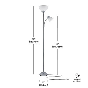 Globe Electric 67134 72" Torchiere Floor Lamp + Adjustable Reading Light, Silver, Frosted Plastic Shade, 3-Step Rotary Switch on Socket, Living Room Décor, Reading Light, Home Essentials, Bedroom