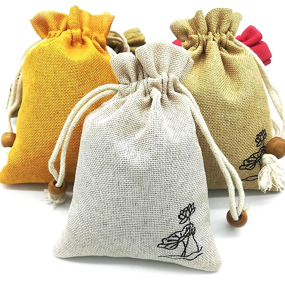 NHW 15 pieces of 3.9 inches x 5.5 inches mixed lining drawstring linen gift bags lotus pattern jewelry bags can be used for DIY crafts wedding supplies candy bags and party supplies (red)