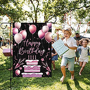 Happy Birthday Garden Flag Balloons Pink Birthday Cake Yard Flags 12x18 Inch Double Sided Burlap Banner for Farmhouse Outdoor Prime Birthday Party Celebration Decoration(ONLY FLAG)