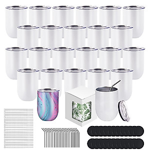 BetterSub 12oz Sublimation Straight Wine Tumblers Blanks Double Wall Insulated Stainless Steel Tumblers Bulk Sublimation Tumbler Cup with Lid, Metal Straw, Brush, Display Box, 24 Pack
