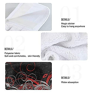 Oyihfvs Red Black Grey Floral Leaf Swirl Abstract Background 2 Pcs Hanging Kitchen Hand Towels, Hanging Tie Towels with Hook & Loop Dishcloths Sets, Decorative Absorbent Tea Bar Bath Hand Towel