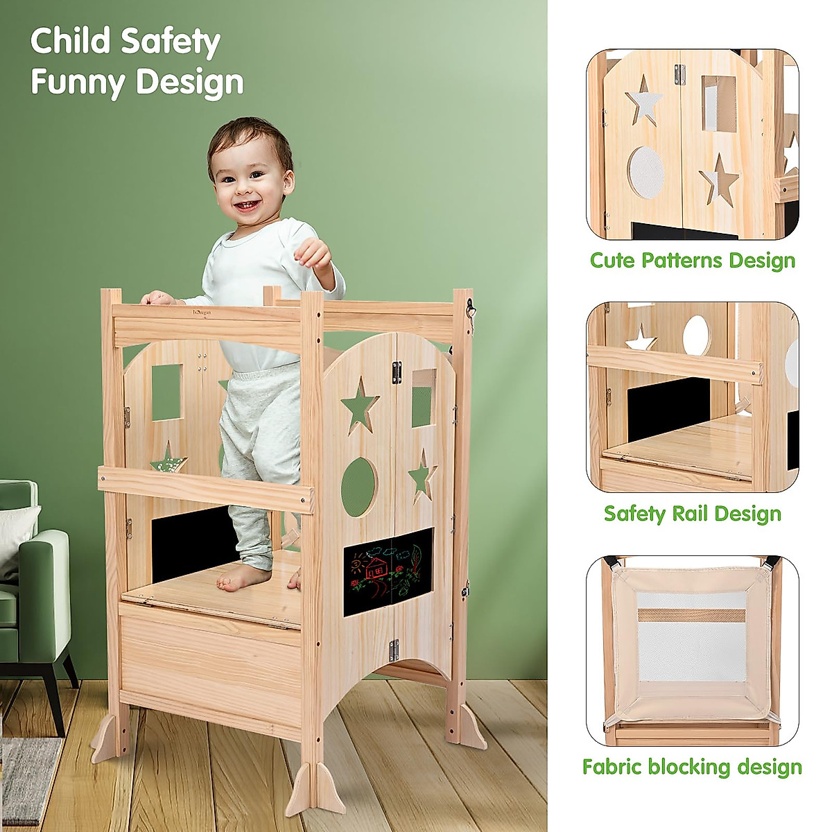 Ixdregan Toddler Kitchen Step Stool for Toddlers - Toddler Stool with Cute Cartoon Design, 3 Height Adjustable Toddler Stool for Kids 18M+, Safe Toddler Stepping Stool Supports 130LB-Natural Wood