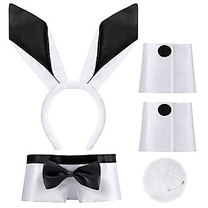 AUUABEARONN 5 Pcs Bunny Costume Set, Rabbit Ear Headband Bow Tie Cuffs Rabbit Tail for Halloween Costume Cosplay Party White
