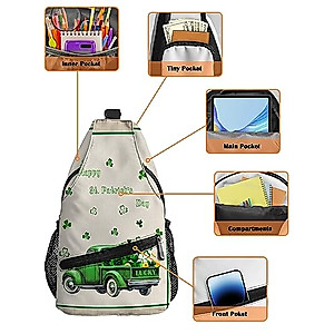 Gsypo Sling Backpack, St.Patrick's Day Shamrocks Truck Linen Waterproof Lightweight Small Sling Bag, Travel Chest Bag Crossbody Shoulder Bag Hiking Daypack for Women Men