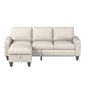 Beige Sectional Sofa Couch L Shaped Couchs with Ottoman Convertible 3 Seat Sofas for Living Room Small Space Apartment, Ottoman with Storage Space