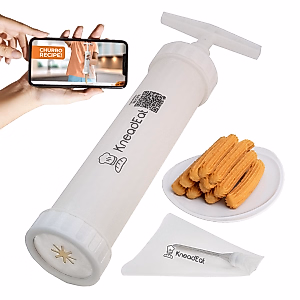 KneadEat Churro Maker Machine Churrera and Piping Bag Churros Filler. Easy QR-Recipe to Prepare and Fill Your Own Churros at Home.
