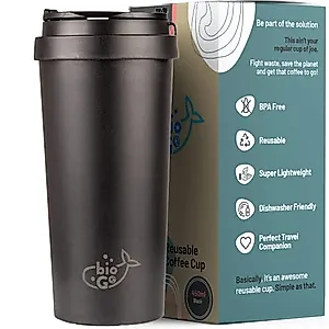 bioGo Cup, Rice Husk Fibre, BPA-Free, Double Wall Insulation Reusable Coffee Cups, On-The-Go Travel Mug, Screw Tight Lid, Textured Grip, Ultra Lightweight (Midnight Black, 16oz)