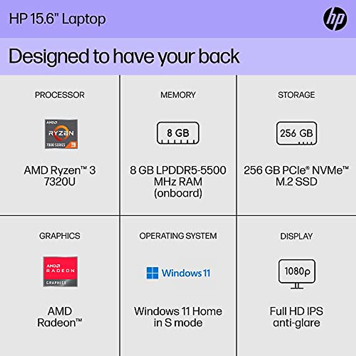HP 15 Laptop, FHD Display, AMD Ryzen 3 7320U, 8 GB RAM, 256 GB SSD, AMD Radeon Graphics, Windows 11 Home in S Mode, 15-fc0010nr (2023), Silver