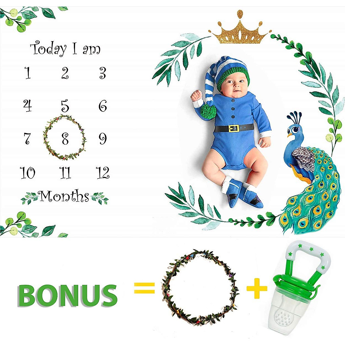 Zomorod Baby Monthly Milestone Blanket | Unisex | Double Side | PhotoBackdrop & Daily use | 40 x 60 | Ultra Soft & Thick Flannel Fleece 300gsm Set | Wreath Included + Free Bonus