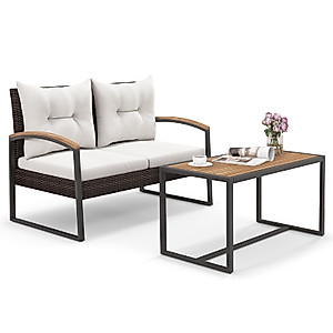 Tangkula 2 Pieces Patio Wicker Furniture Set, Heavy Duty Outdoor Cushioned Loveseat with Acacia Wood Coffee Table, for Backyard, Balcony, Deck and Poolside (Off White)