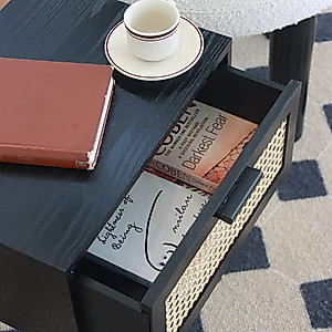 AWASEN Mid Century Nightstand with Drawer, Rattan Side Table for Living Room, Bedroom and Small Space, Solid Wood Legs & Natural Rattan Bedside Table, Easy Assembly (Black)