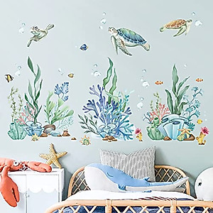 wondever Ocean Seaweed Grass Wall Stickers Turtle Under The Sea Peel and Stick Wall Art Decals for Baby Nursery Kids Bedroom Bathroom