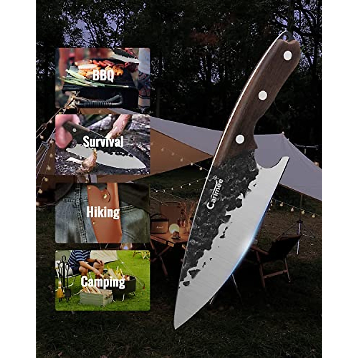Carimee Japanese Forged Boning Knife with Sheath, Viking Husk Knives for Meat Cutting, Cooking Kitchen Knife with High Carbon Steel, Small Meat Cleaver for Camping BBQ