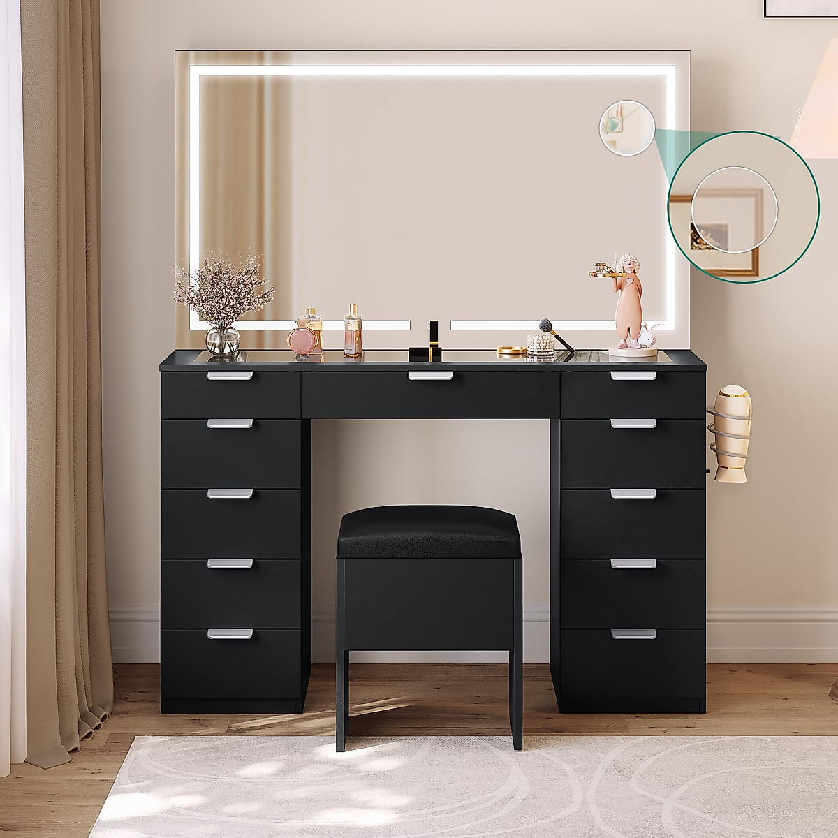 YITAHOME Vanity Desk Set with Large LED Lighted Mirror & Power Outlet, Glass Top Vanity with 11 Drawers and Magnifying Glass, 46'' Large Makeup Vanity with Storage Bench, Black Vanity for Bedroom