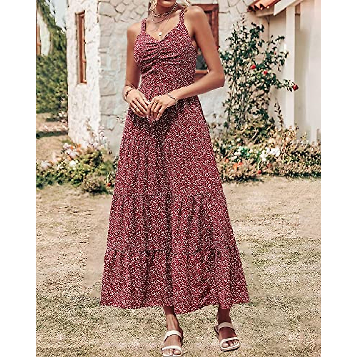 BTFBM Women Sleeveless V Neck Summer Maxi Dresses 2023 Print Backless Strap Tie Back Beach Party Pleated Long Boho Dress(Floral Wine Red, Large)
