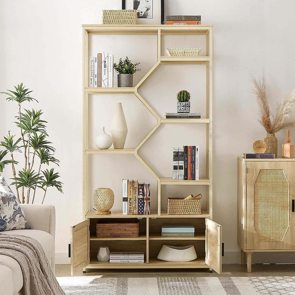 Rattan Bookshelf with 1 Natural Rattan Storage Cabinet and 7 Open Display Shelves, 7 Tier Bookshelf w/Adjustable Shleves & Foot Pad for Living Room, Bedroom, Office, Metal Shelves, Natural