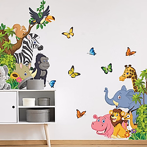 Supzone Cartoon Animal Wall Decal Jungle Animals Wall Stickers Elephant Lion Zebra Butterfly Wall Decor for Kids Baby DIY Vinyl Mural Art for Nursery Bedroom Living Room Playroom