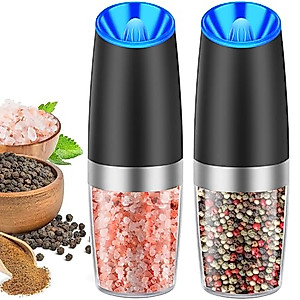 Gravity Electric Pepper and Salt Grinder Set, Adjustable Coarseness, With LED Light, One Hand Automatic Operation, Stainless Steel Black, (2 Pack Black)