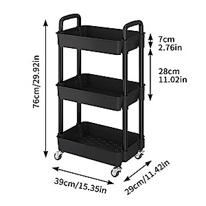 Buzowruil 3-Tier Utility Rolling Plastic Storage Cart Trolley with Lockable Wheels,Multifunctional Storage Shelves for Kitchen Living Room Office,Black