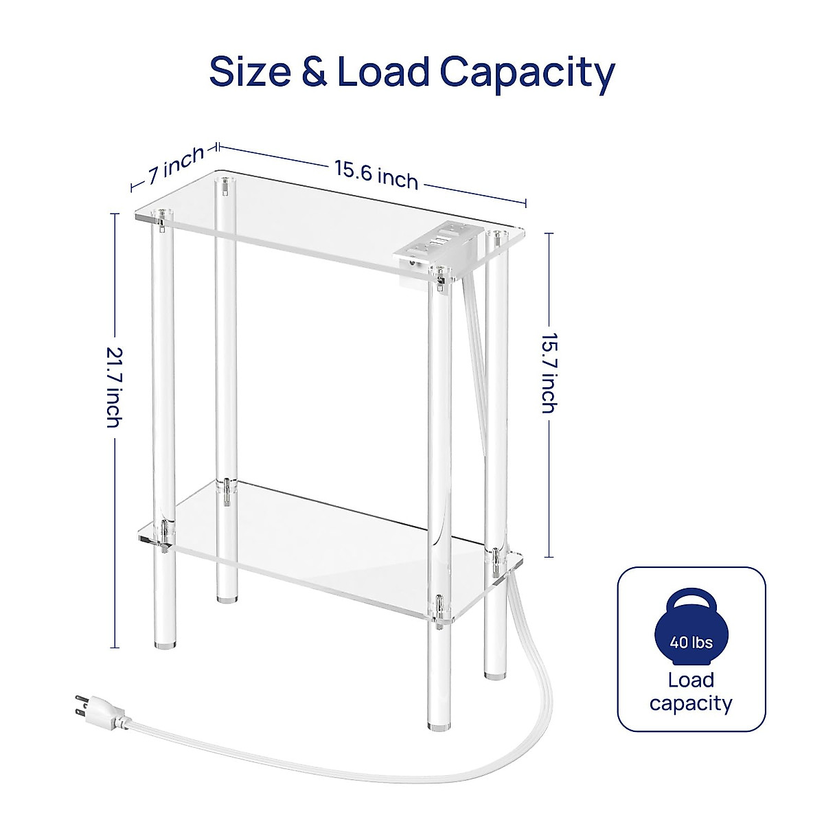 HMYHUM Acrylic Narrow Side Table with Charging Station, 7" Width, 2 Tier Small End Table for Small Spaces, Skinny Nightstand/Bedside Table with USB Ports & Outlet, Clear