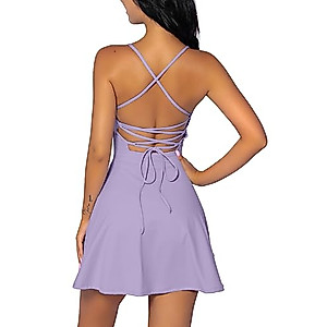 QINSEN Womens Sexy Tennis Dress with Shorts Workout Open Back Active Golf Dresses Light Purple XS