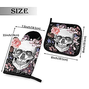 MSGUIDE Skull and Flowers Day of The Dead Oven Mitts -Heat Resistant 500 Degrees-Non Slip Kitchen Pot Holders Sets - Cooking Safe Gloves Soft Inner Lining